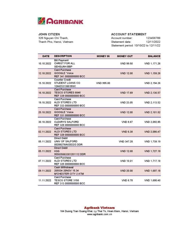 Vietnam Agribank Bank Statement, Excel And PDF Template