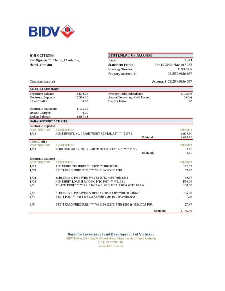 Vietnam BIDV Bank Statement, Excel And PDF Template