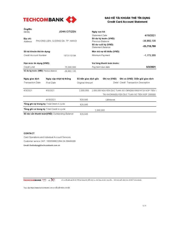 Vietnam Techcombank Bank Statement Easy To Fill Template In Excel And ...