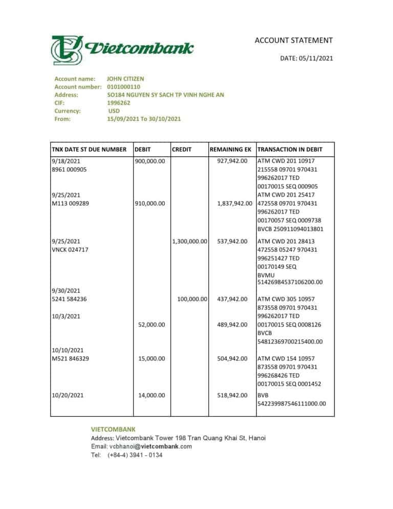 Vietnam Vietcombank Bank Statement Easy To Fill Template In .xls And ...