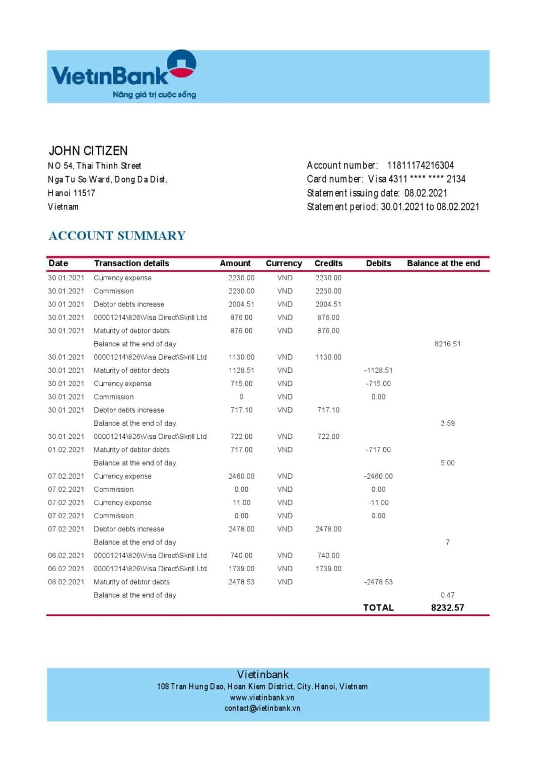 Vietnam Vietinbank Bank Statement Template In Excel And PDF Format