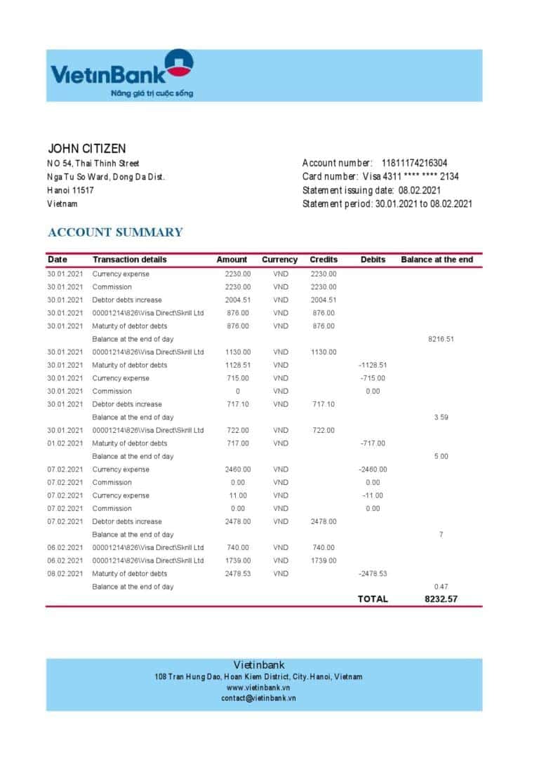 Vietnam Vietinbank Bank Statement Template In Excel And PDF Format