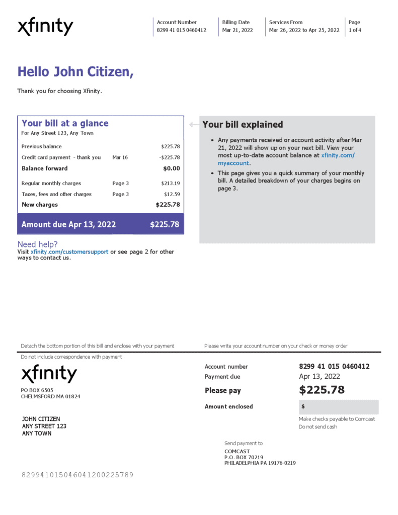 USA Philadelphia Xfinity Utility Bill Word And PDF Template, 4 Pages