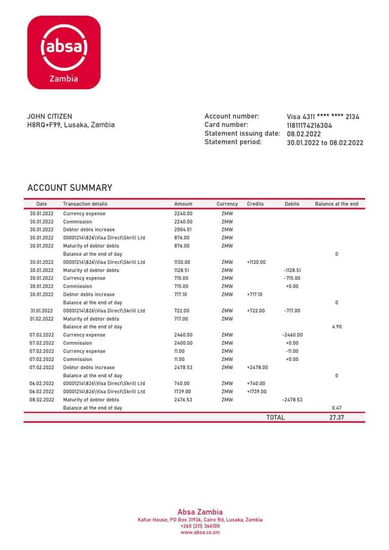 Zambia Absa Bank Statement Template In Word And PDF Format | Mr. Verify