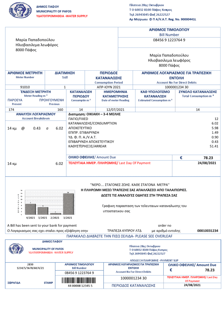 Cyprus Water Utility Bill Template | Word And PDF Format