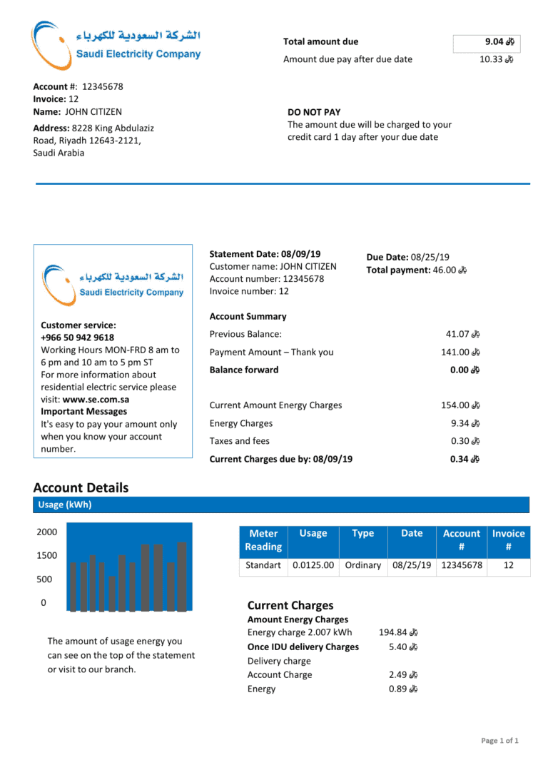 Saudi Arabia Saudi Electricity Company Electricity Utility Bill ...