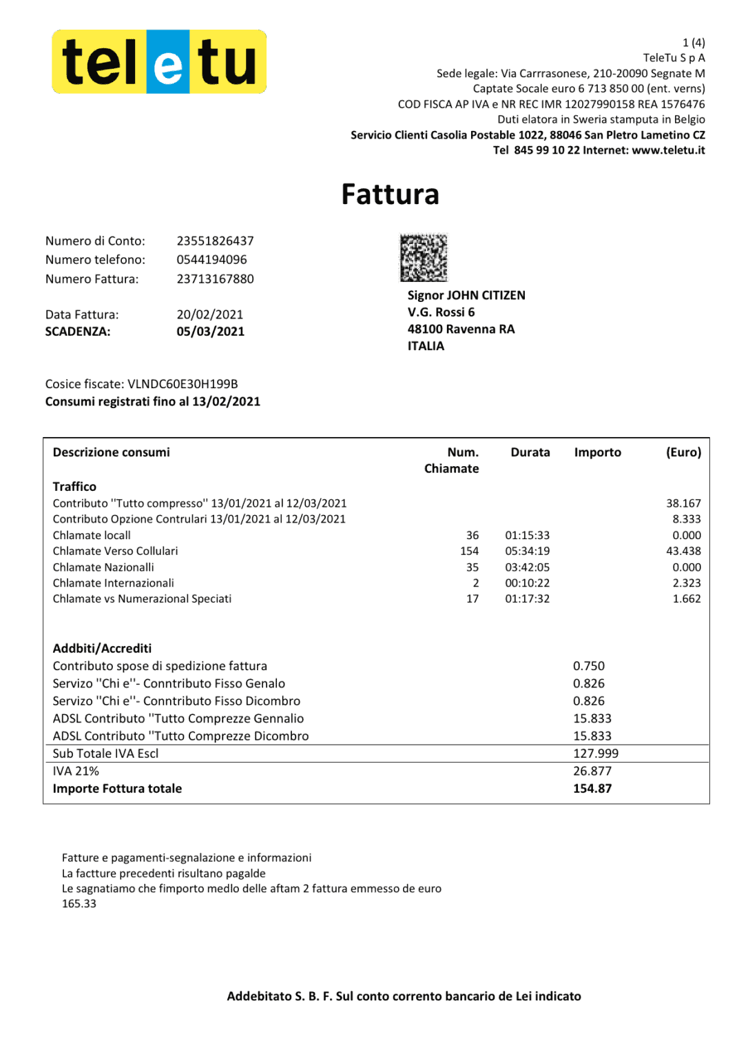 Italy TeleTu Utility Bill Template In Word And PDF Format