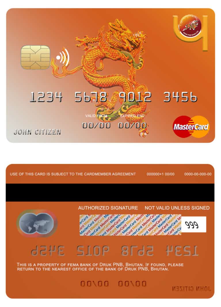Fillable Bhutan Druk PNB Bank Mastercard Templates | Layer-Based PSD