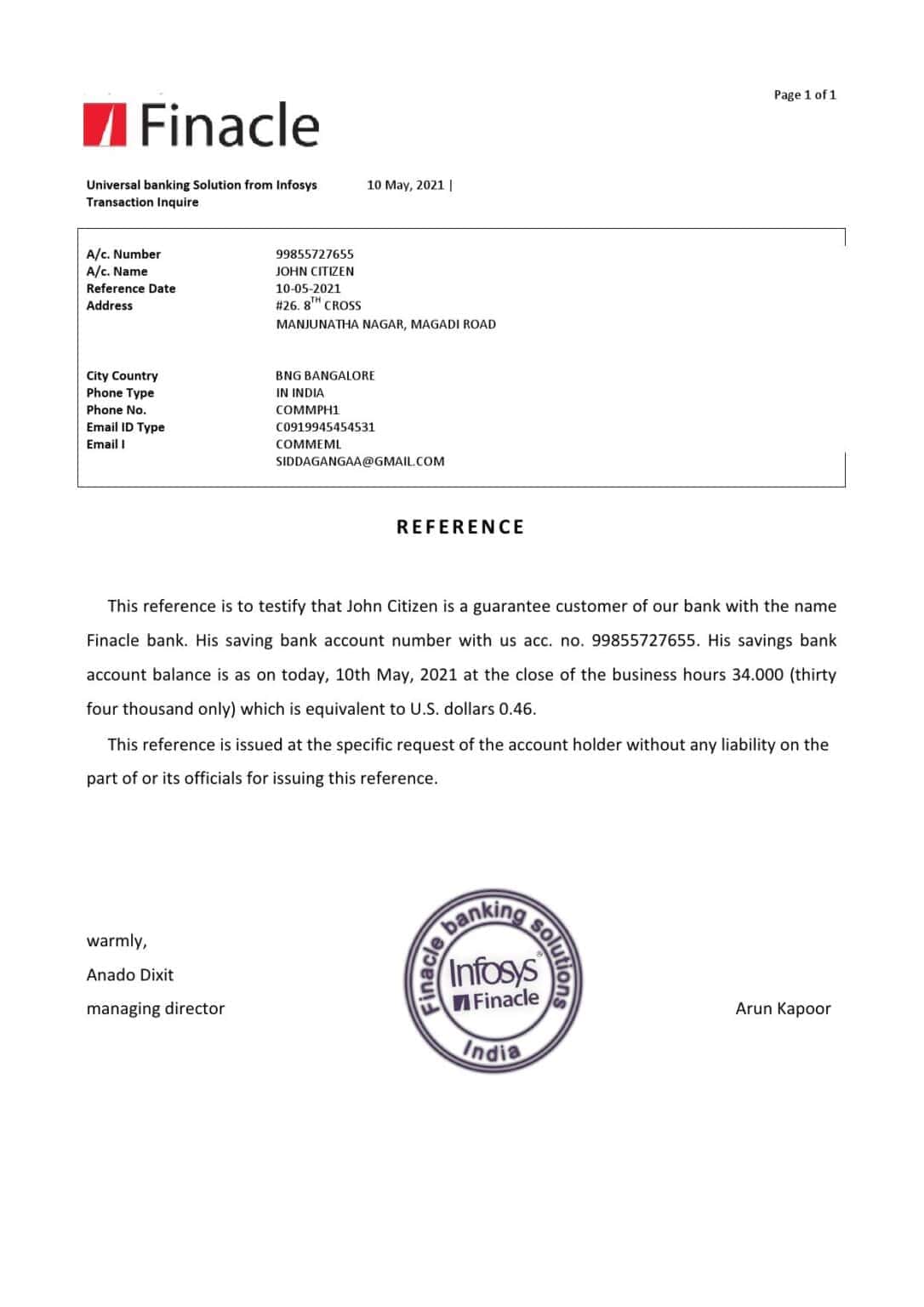Download India Finacle Bank Reference Letter Templates | Editable Word