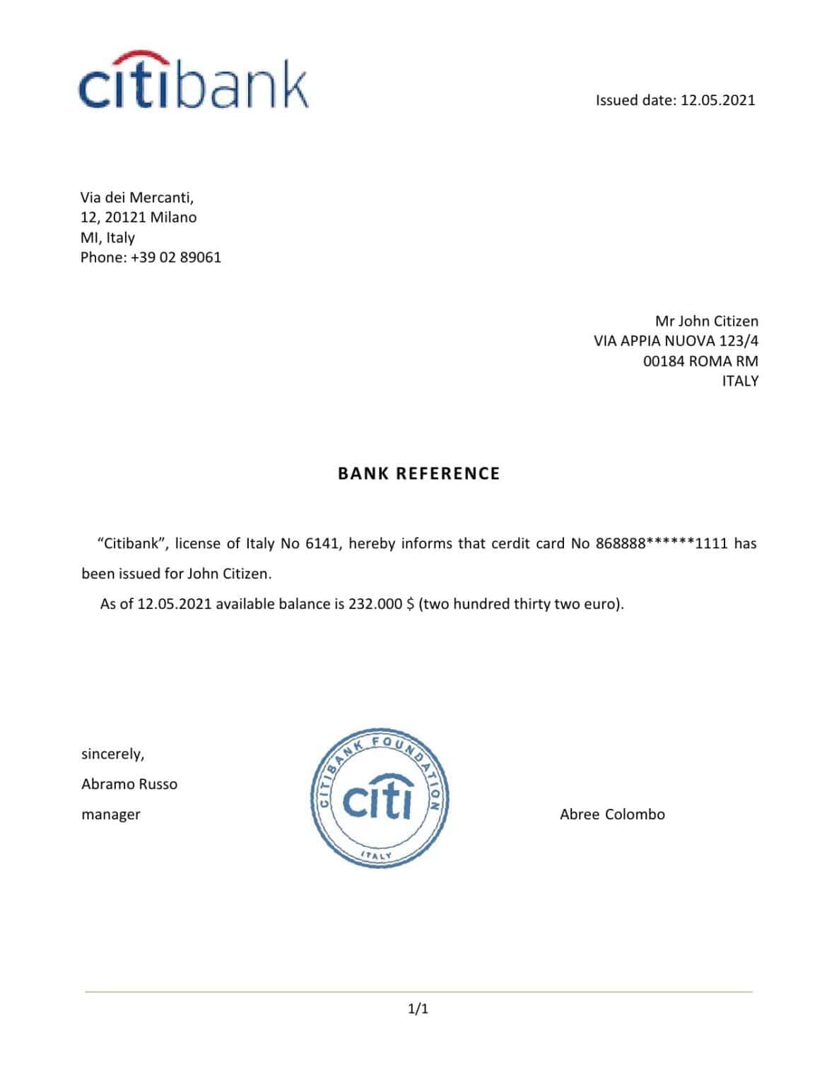 Italy Citibank Bank Reference Letter Templates