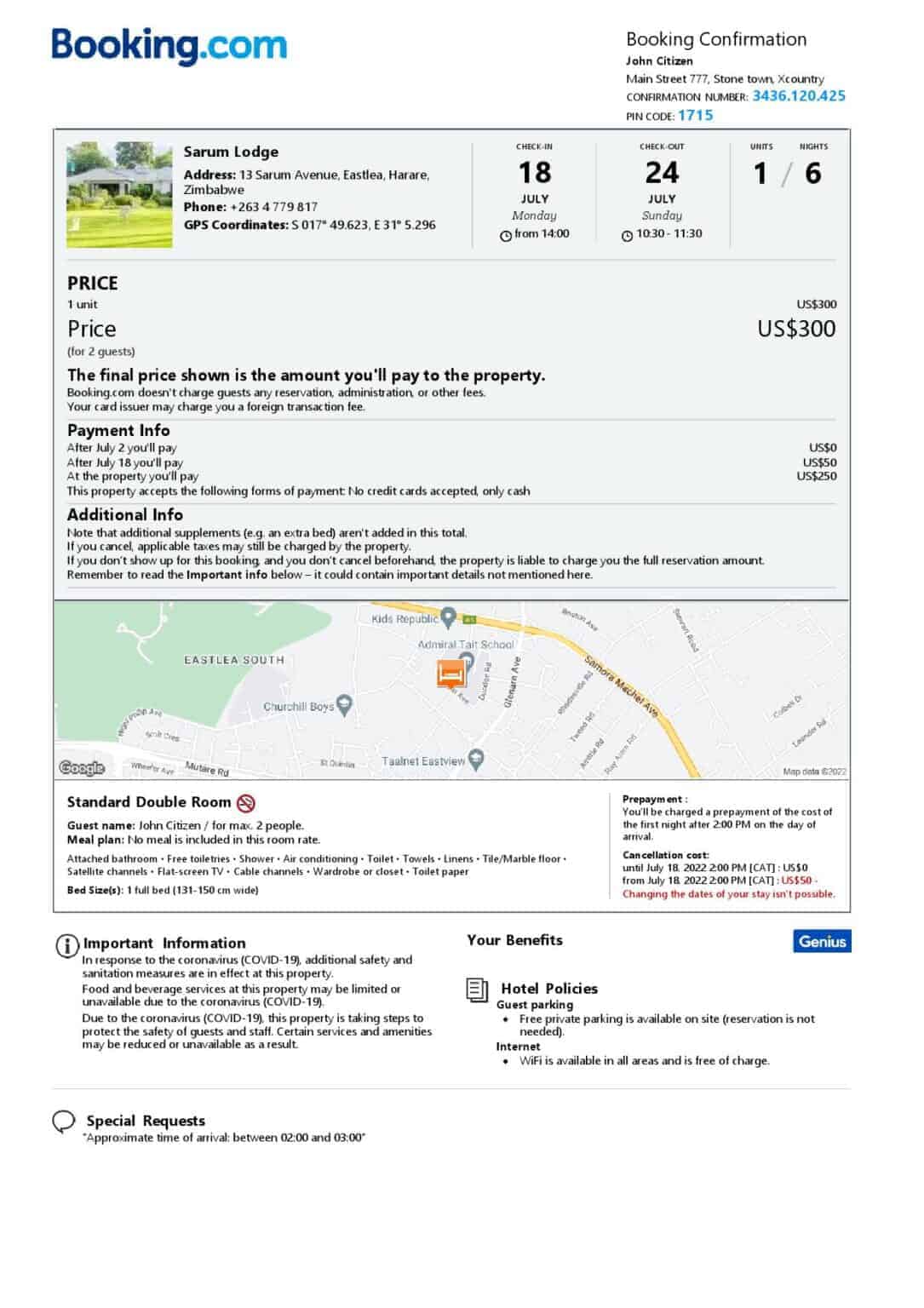 Editable Zimbabwe Hotel Booking Form Template | Fillable PDF