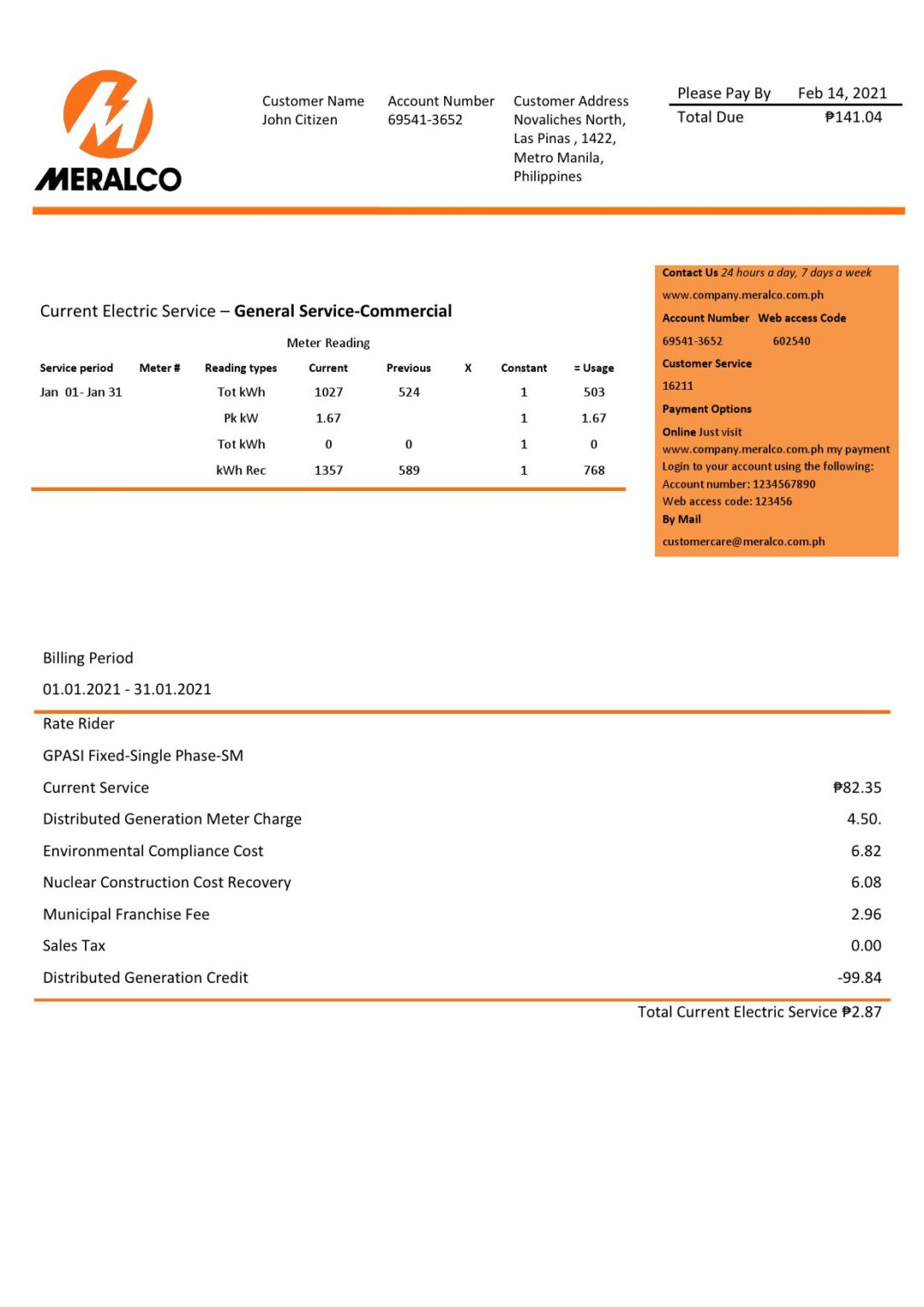 Philippines Manila Electric Company (Meralco) Electricity Utility Bill ...