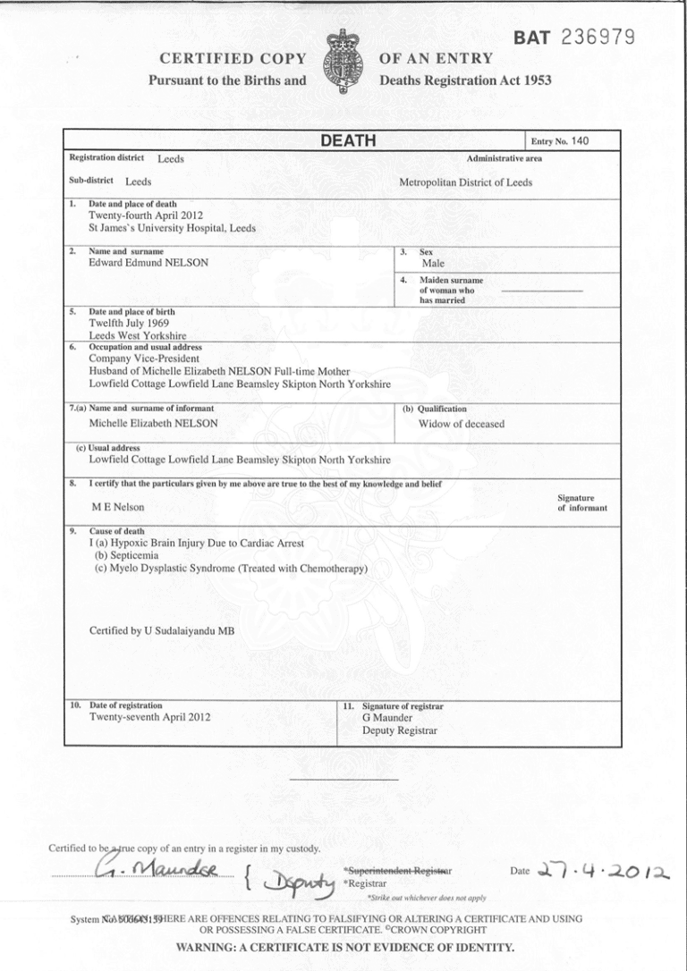 UK Yorkshire Death Certificate Pdf Template