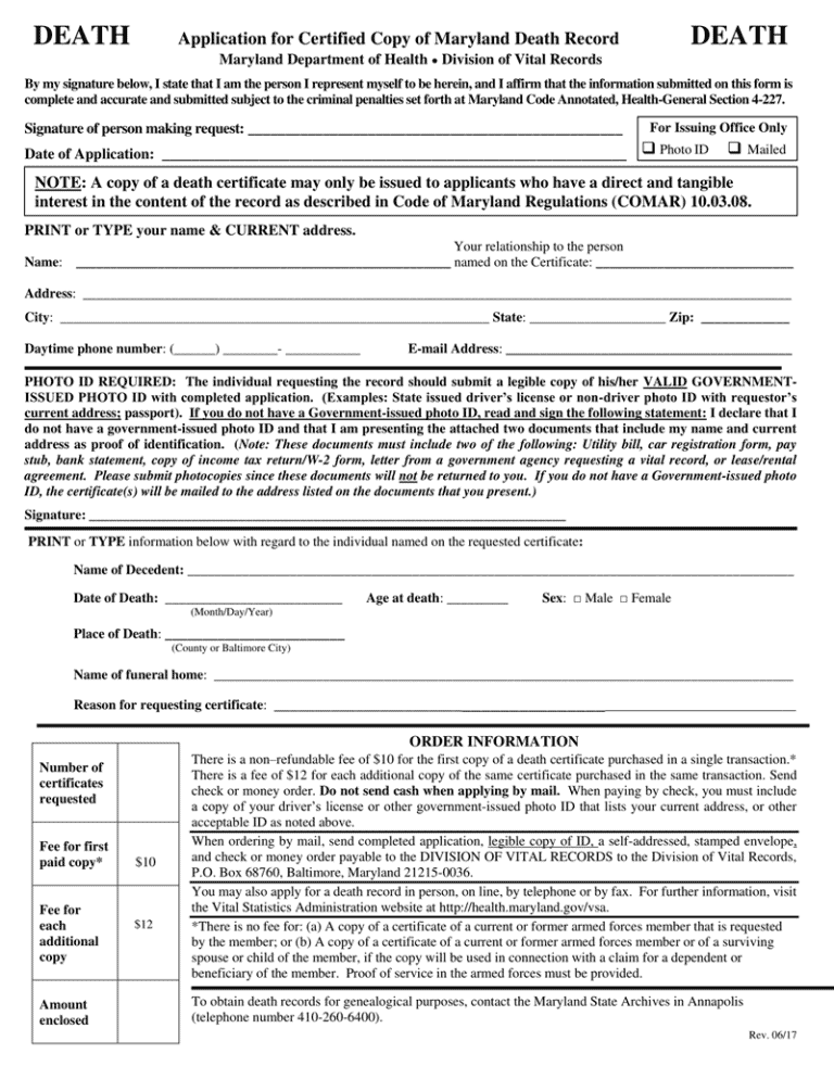 USA Maryland Death Certificate Word Template