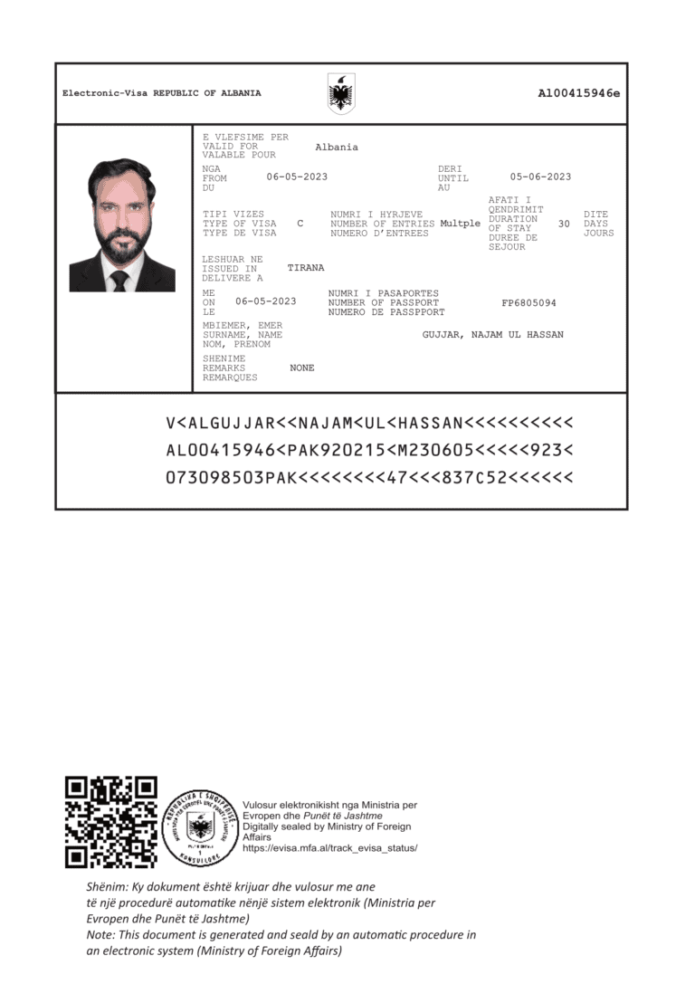 Albania E-Visa Word And PDF Template