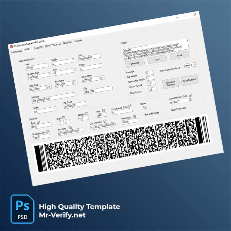 PDF417 Barcode Generator For Editable US Driver’s License PSD Templates