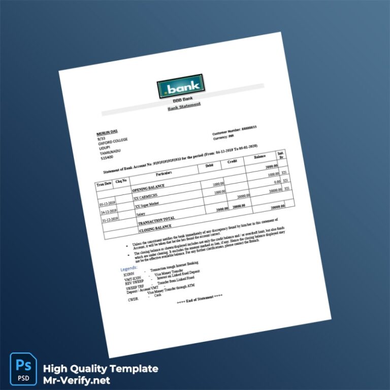 India BBB Bank Statement Template In Word And PDF Formats