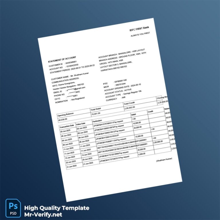 India IDFC FIRST Bank Statement Template In Word And PDF Formats