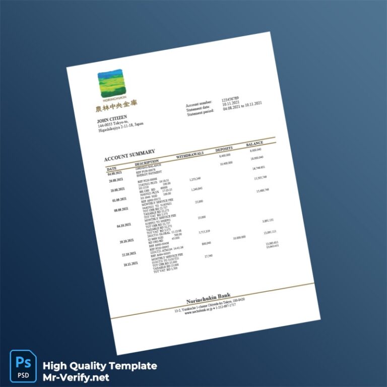 Japan Norinchukin Bank Statement Template In Word And PDF Formats