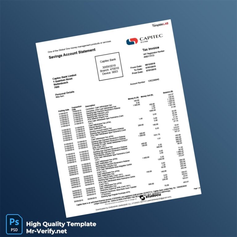 South Africa Capitec Bank Statement Template In Word And PDF Formats 2 Page