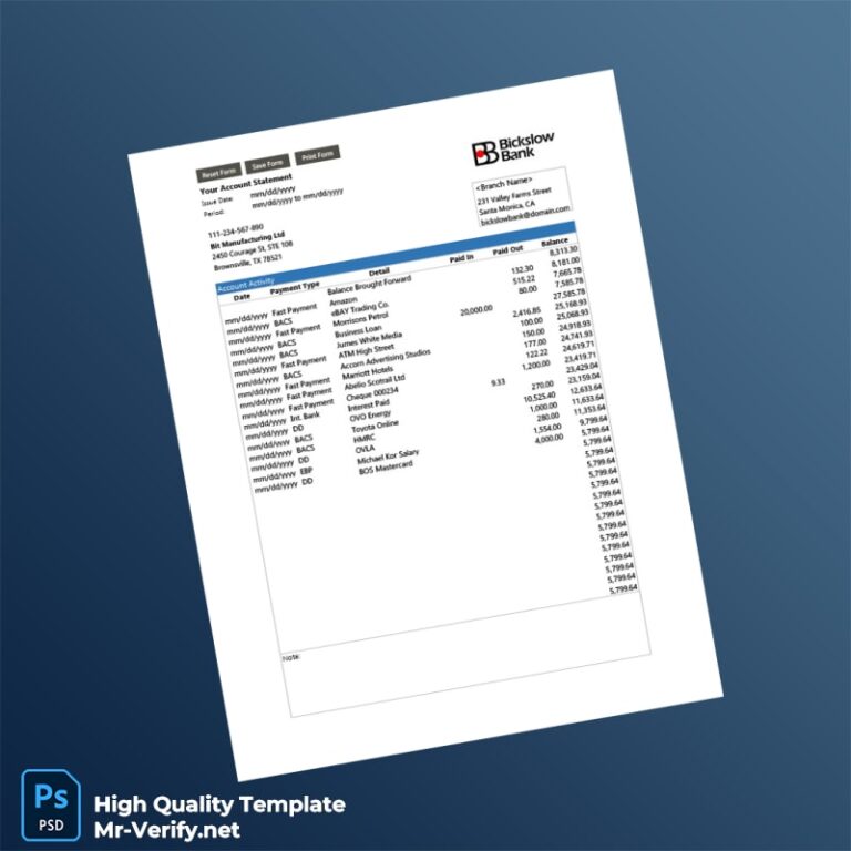 USA Bit Manufacturing Ltd Bank Statement Template In Word And PDF Formats