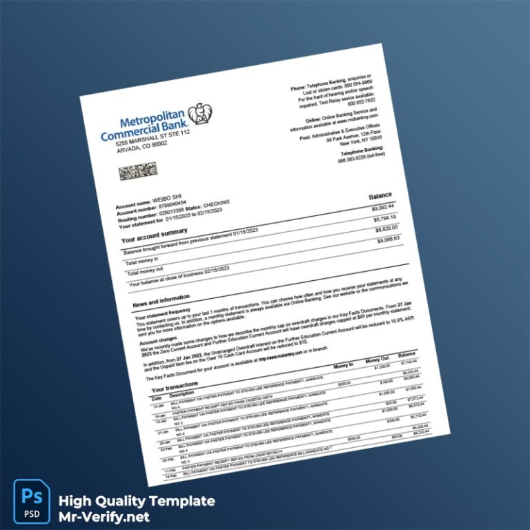 USA Metropolitan Commercial Bank Statement Template In Word And PDF ...