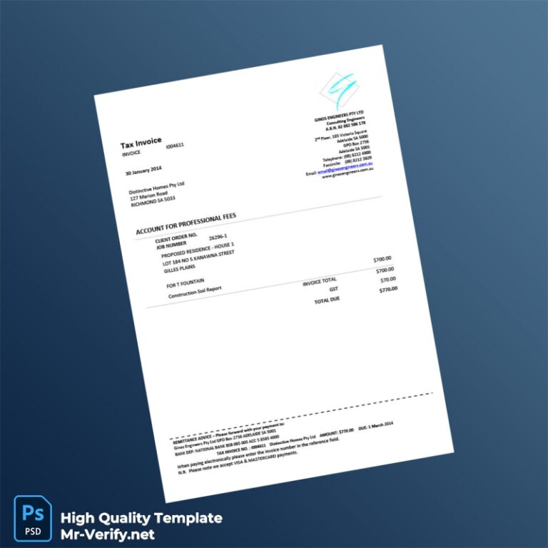 Australia Ginos Engineers Pty Ltd Tax Invoice Template In Word And PDF ...