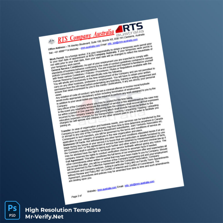 Editable Australia RTS Company Employment Verification Letter Word And Pdf Template 3 Page