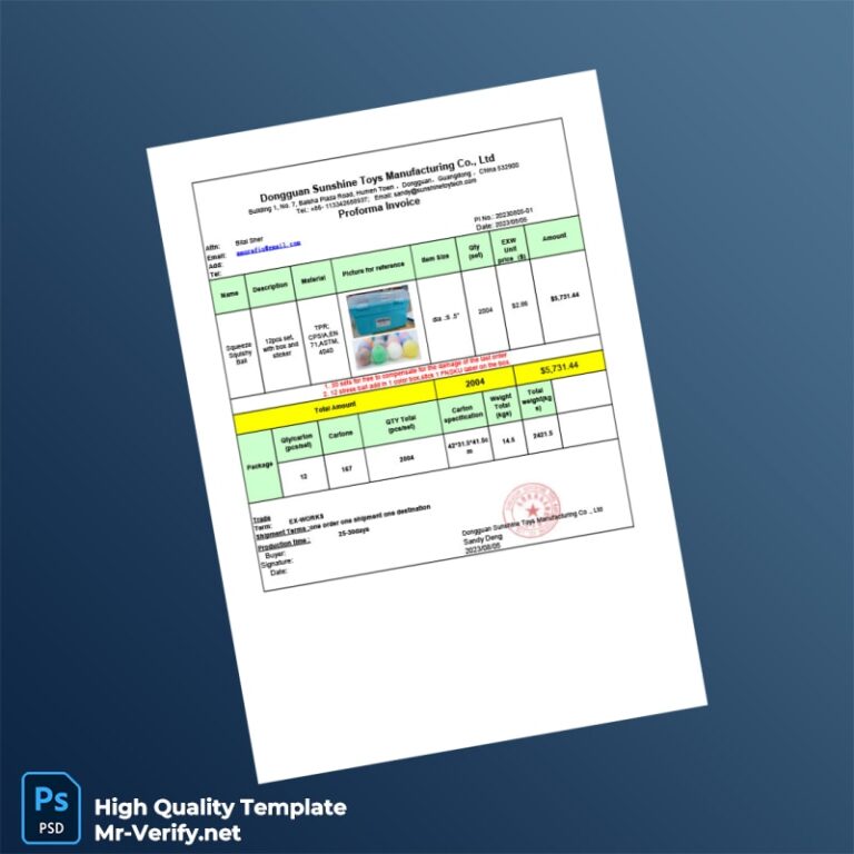 China Dongguan Sunshine Toys Manufacturing Co Proforma Invoice Template ...