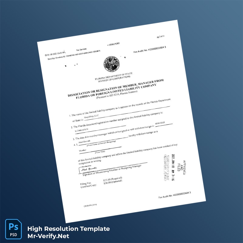 Editable Florida Department Of State Business Registration Certificate Word And Pdf Template 2 Page