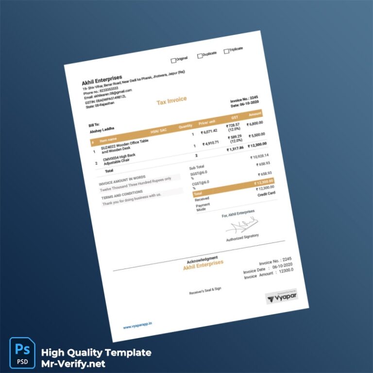 India Akhil Enterprises Tax Invoice Template In Word And PDF Formats