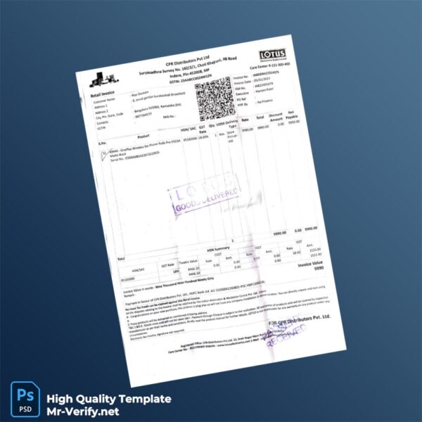 India CPR Distributors Pvt Ltd Invoice Template In Word And PDF Formats