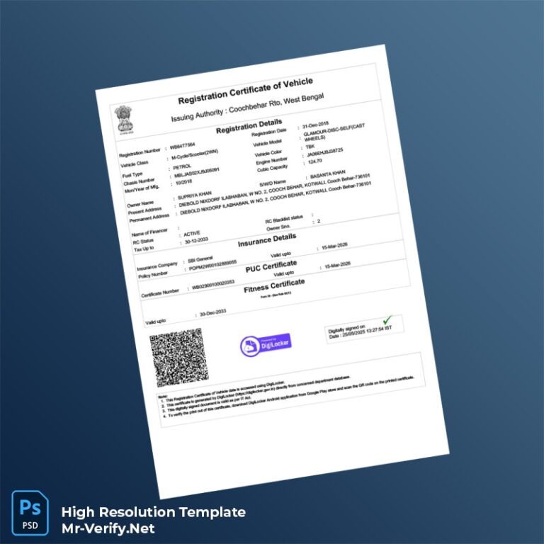 Editable India Coochbehar RTO Registration Certificate Word And Pdf ...