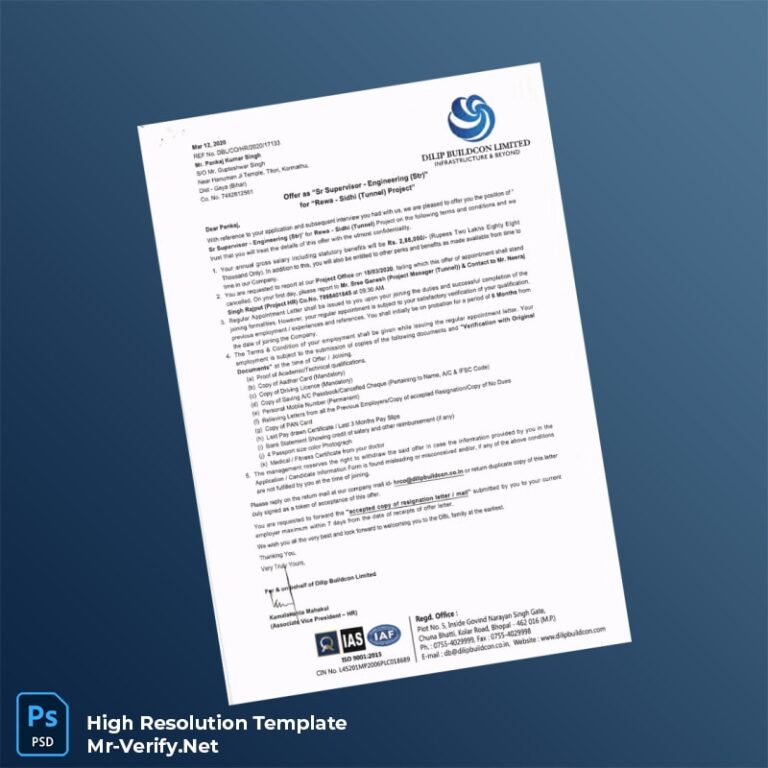 Editable India Dilip Buildcon Limited Employment Verification Letter ...
