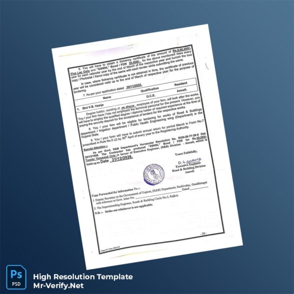 Editable India Executive Engineer Registration Certificate Word And Pdf ...