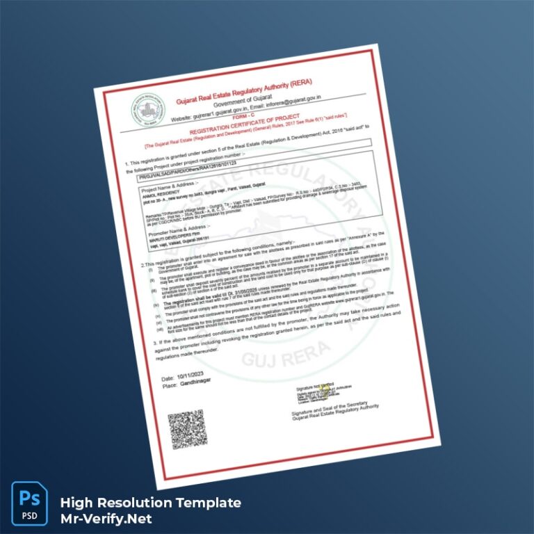 Editable India Gujarat Real Estate Regulatory Authority Registration Certificate Word And Pdf ...