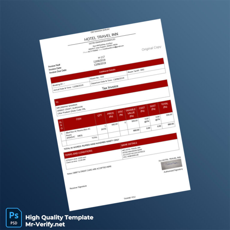 India Hotel Travel Inn Tax Invoice Template In Word And PDF Formats