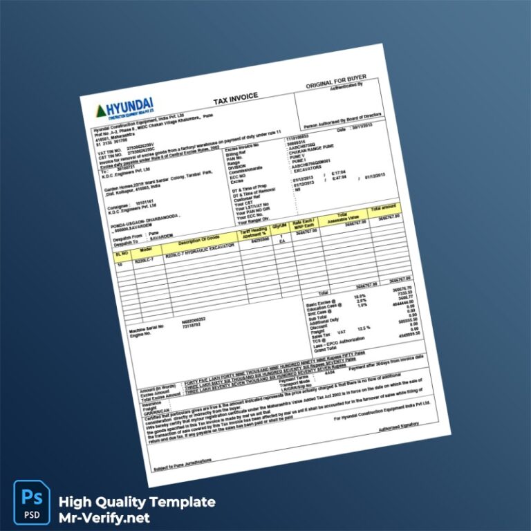 India Hyundai Construction Equipment Tax Invoice Template In Word And ...