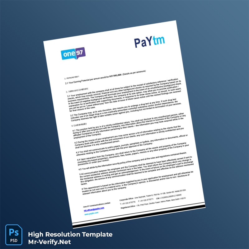 Editable India One97 Communications Ltd Employment Verification Letter Word And Pdf Template 4 Page