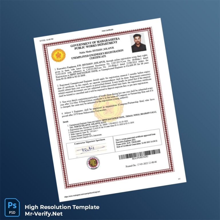 Editable India Public Works Department Registration Certificate Word ...
