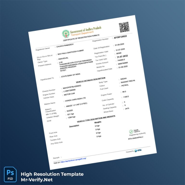 Editable India RTA Vehicle Registration Certificate Word And Pdf Template