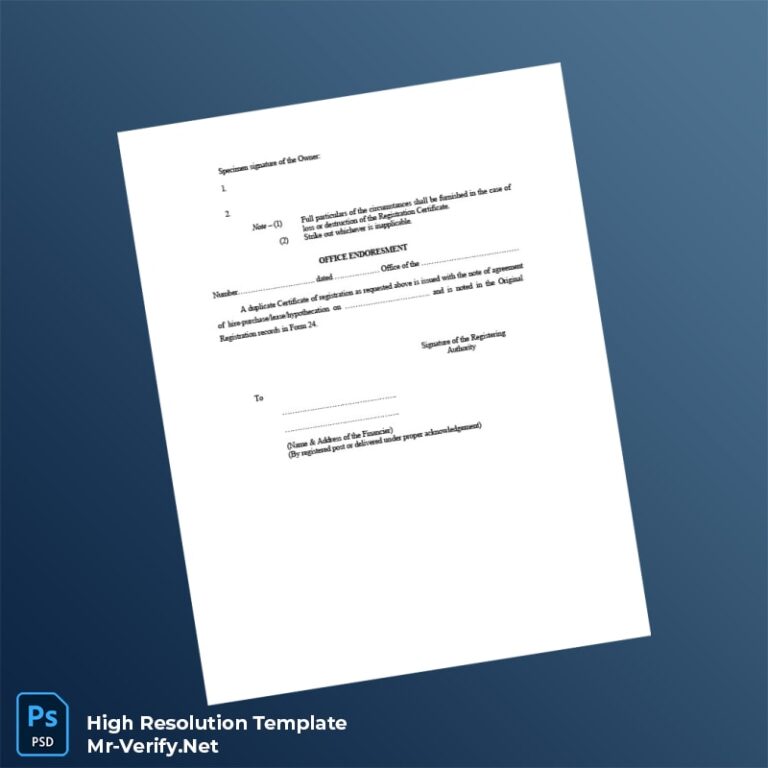 Editable India Registration Authority Duplicate Vehicle Registration Certificate Word And Pdf ...