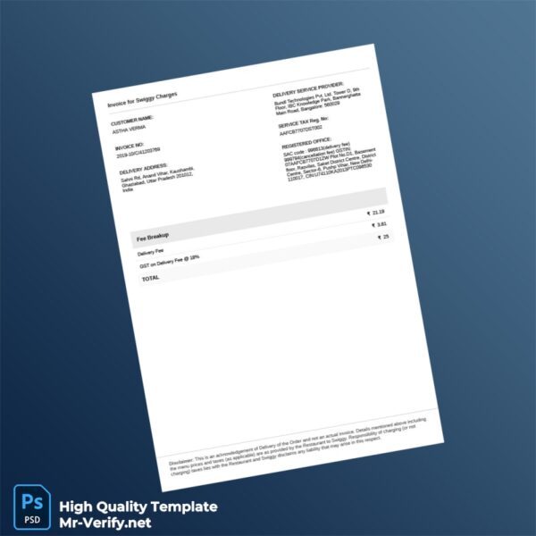 India Swiggy Invoice Template In Word And PDF Formats 2 Page