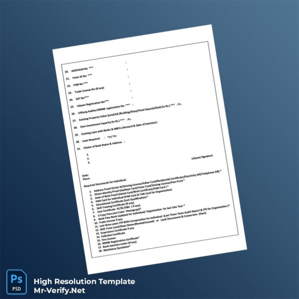 Editable India Udyami Registration Certificate Word And Pdf Template 2 Page