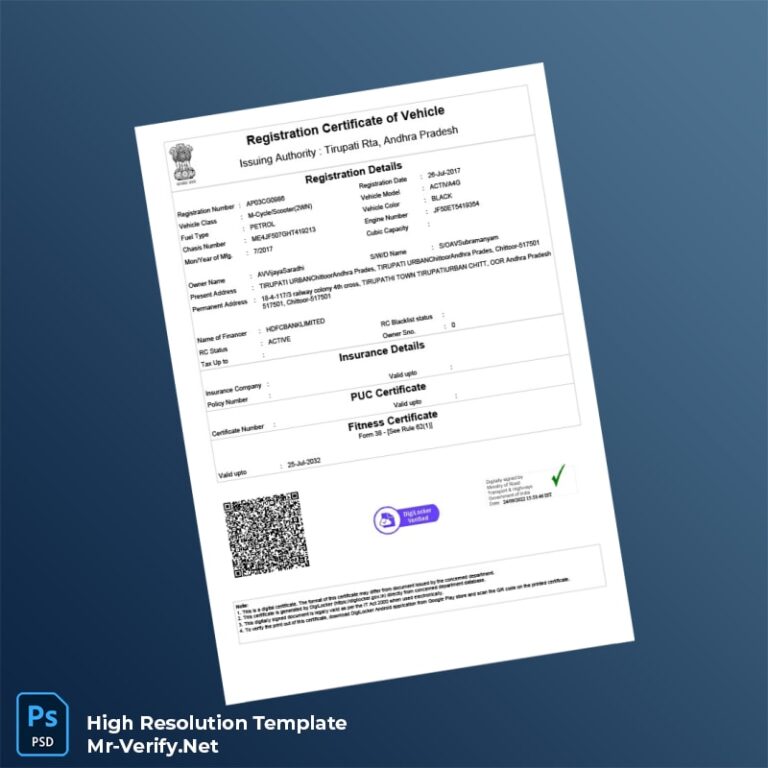 Editable India Vehicle Registration Certificate Word And Pdf Template