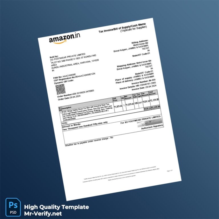 India XO Footwear Private Limited Invoice Template In Word And PDF Formats