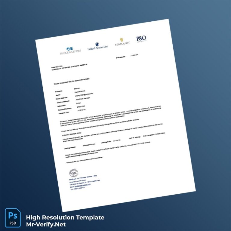 Editable Italy Princess Cruises Employment Verification Letter Word And ...