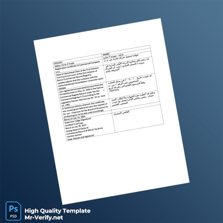 Lebanon Commercial Register Registration Certificate Template In Word ...