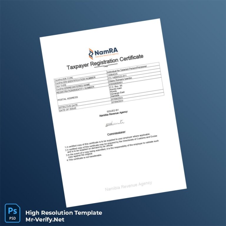 Editable Namibia Namibia Revenue Agency Tax Registration Certificate ...