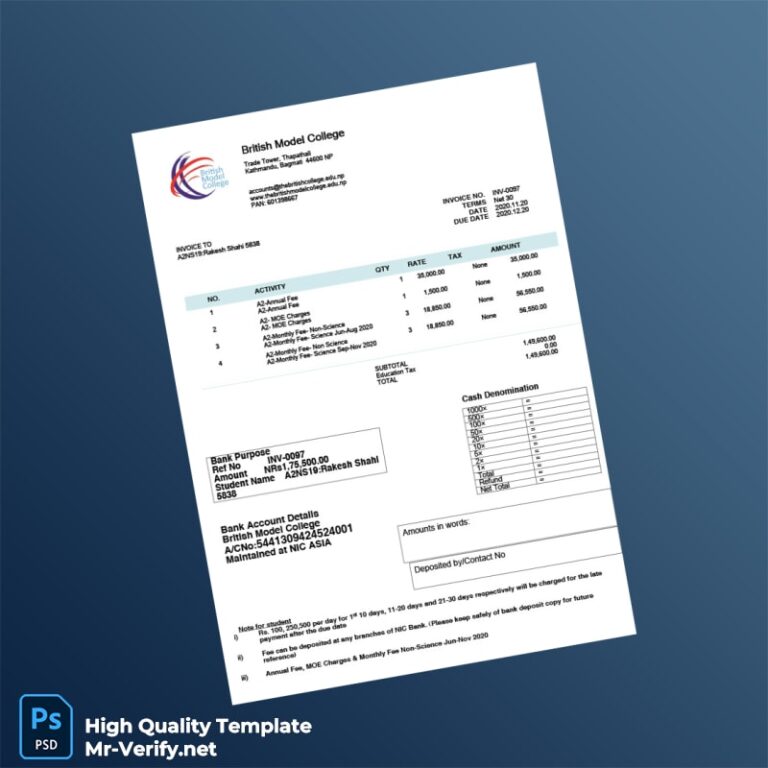 Nepal British Model College Invoice Template In Word And PDF Formats